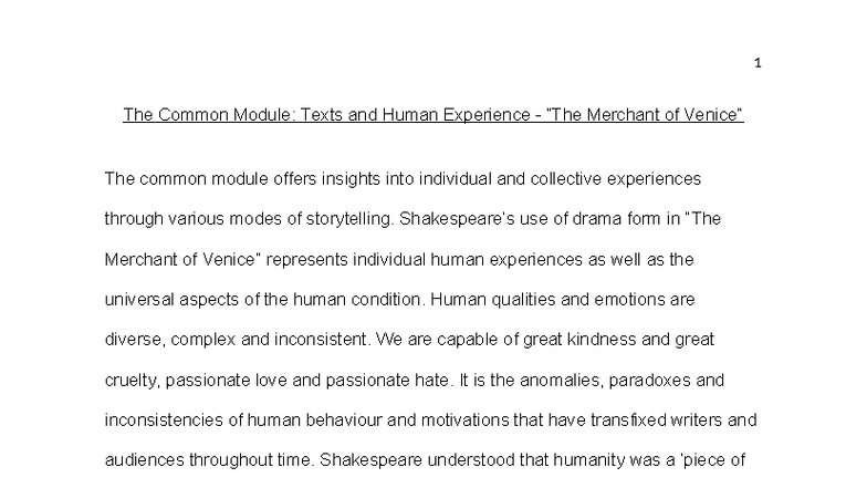 Essay The Merchant of Venice - The Common Module: Texts and Human ...