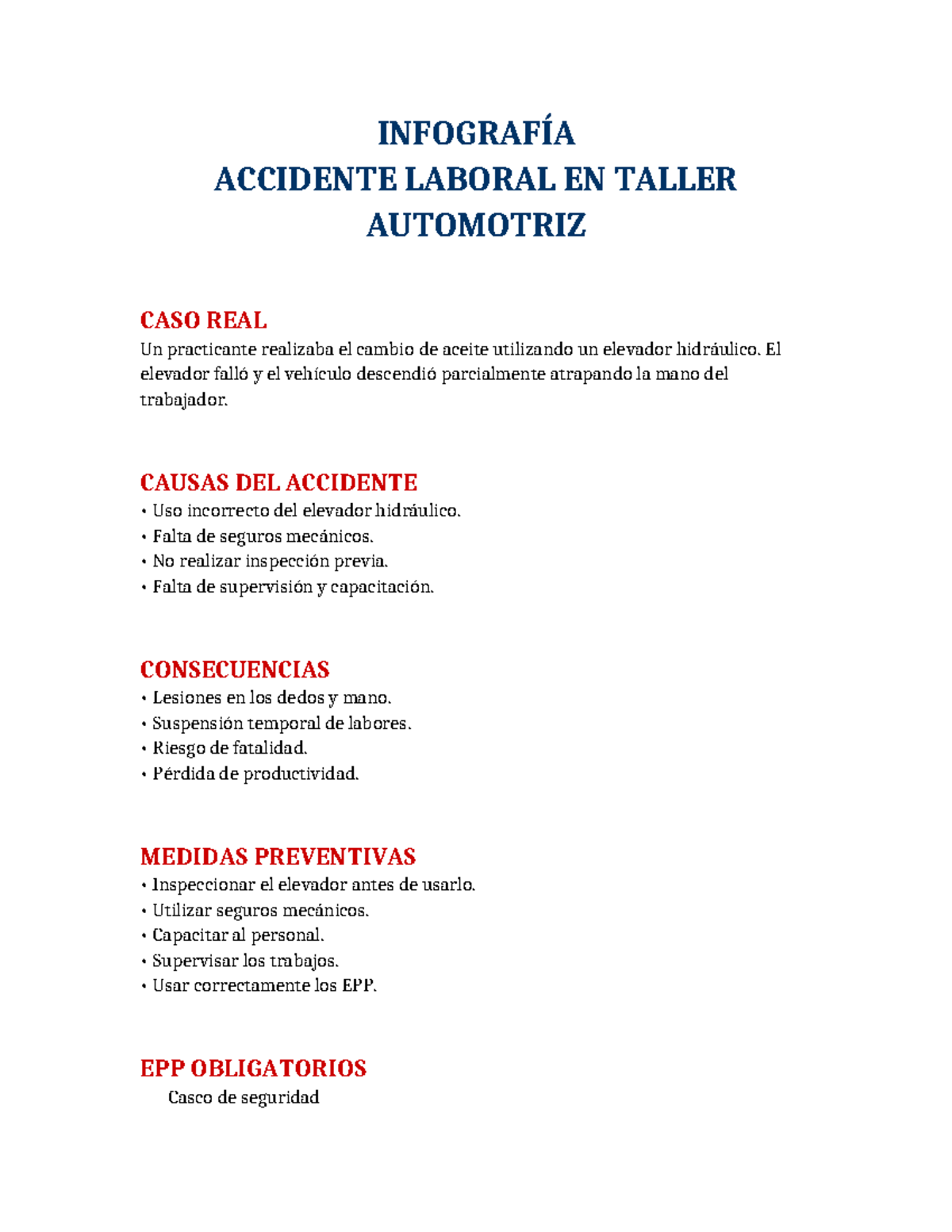 INFOGRAFÍA ACCIDENTE LABORAL EN TALLER AUTOMOTRIZ: CASO REAL - Studocu