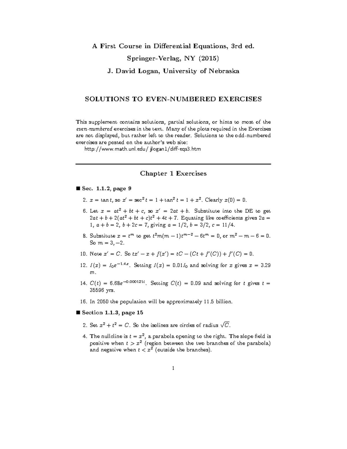 Solutions to Even-Numbered Exercises for Differential Equations (MATH ...