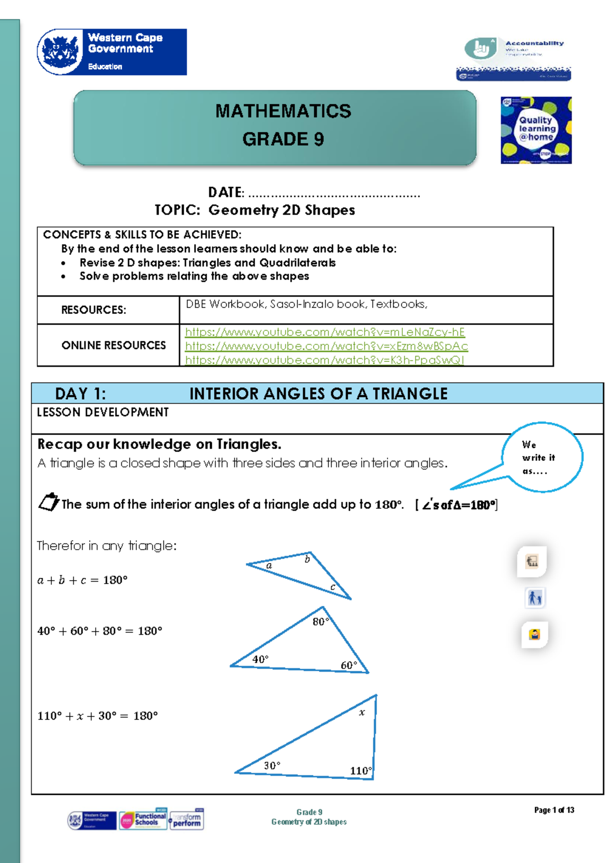 MATHEMATICS GRADE 9: Geometry of 2D Shapes - Lesson Notes - Studocu