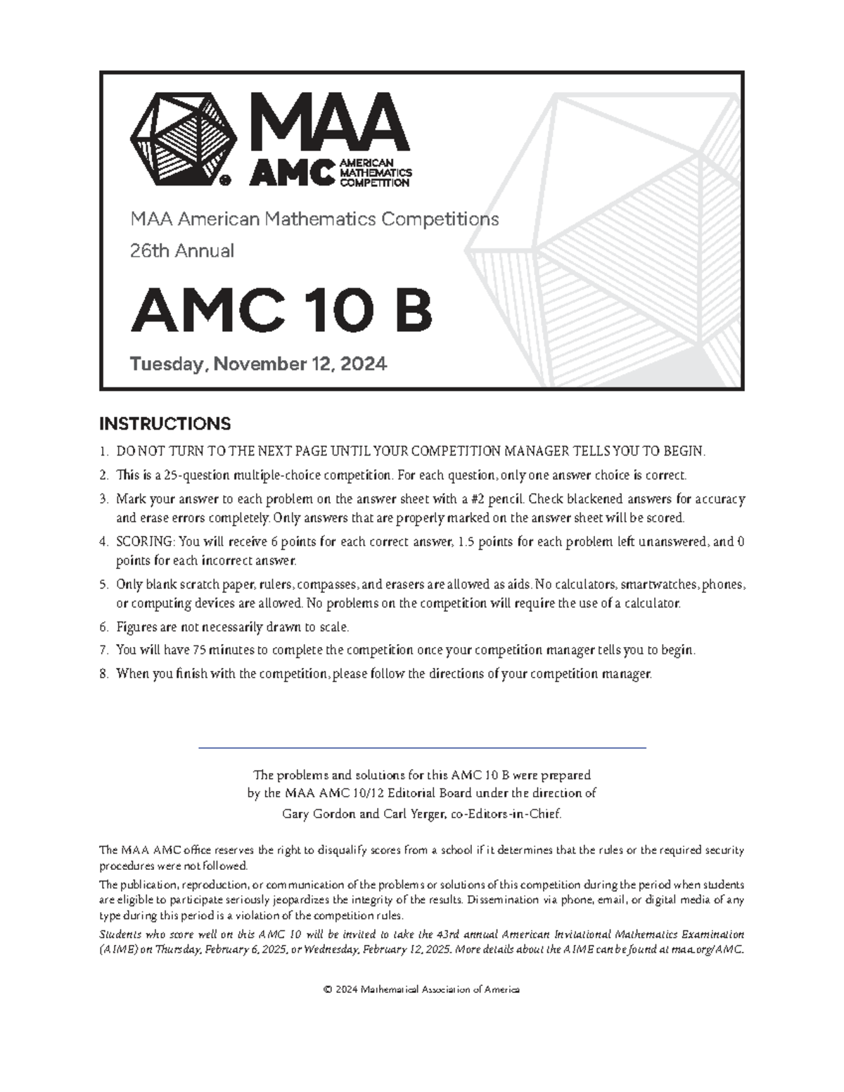 2024 MAA AMC 10B Competition Instructions and Problems - Studocu