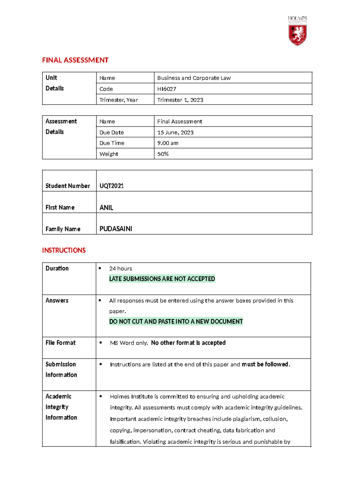 HI6027 Final Assessment on Business and Corporate Law - T1 2023 - Studocu