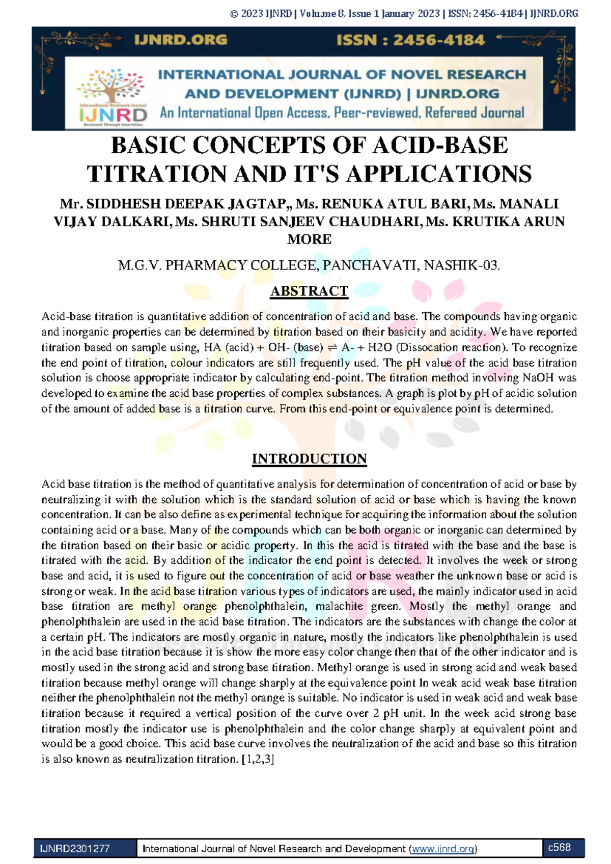 IJNRD2301277 Acid-Base Titration: Concepts and Applications in ...
