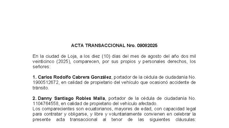 ACTA Transaccional Nro. 09082025 - Acuerdo entre Partes en Loja - Studocu