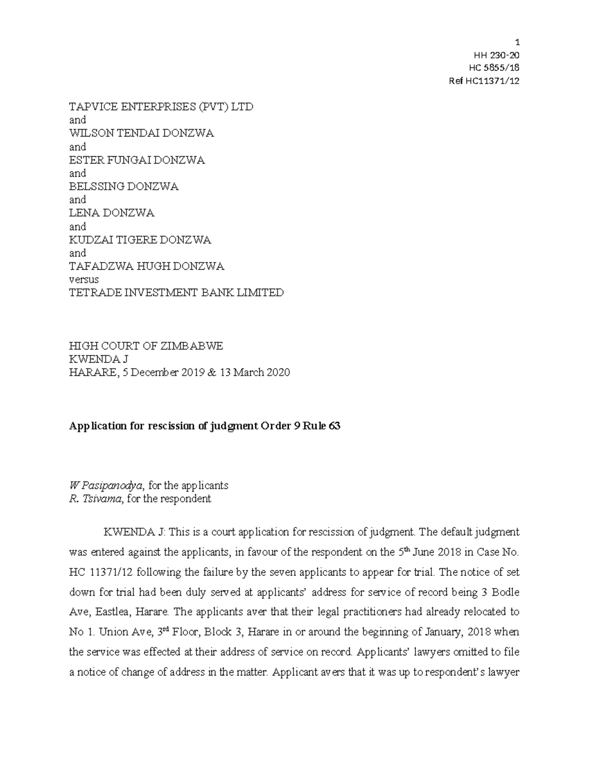Case Study: Tapvice Enterprises (Pvt) Ltd v Tetrade Investment Bank (HC ...