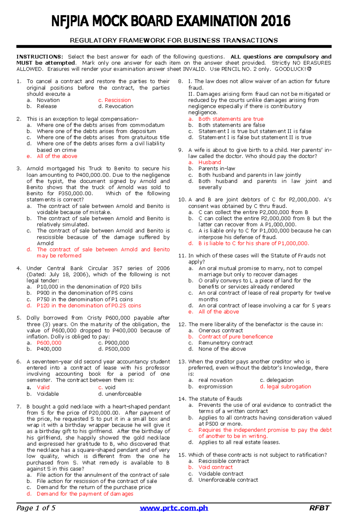 RFBT Course Regulatory Framework Challenge #2 Answer Key - Studocu