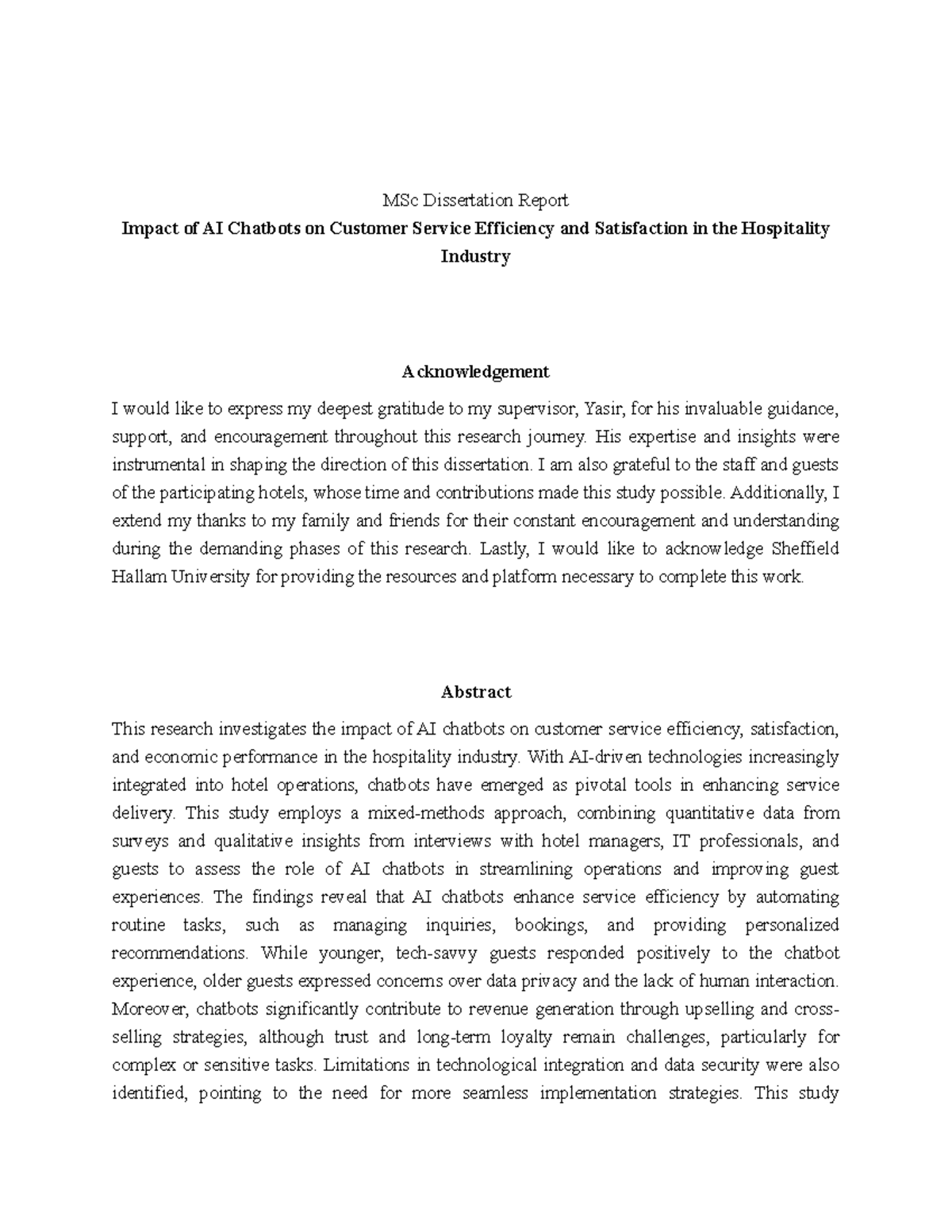 MSc Dissertation Report: AI Chatbots' Impact on Hospitality Customer ...
