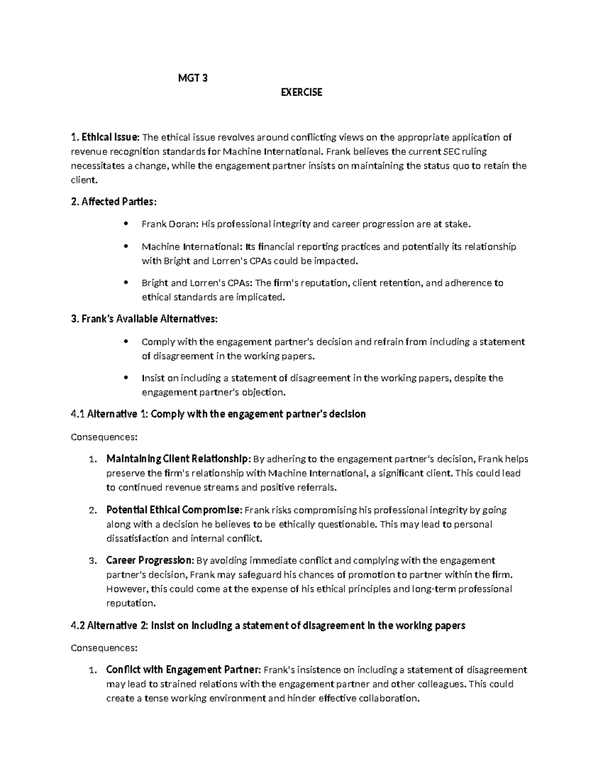 MGT 3 - Exercise 1: Ethical Dilemma in Revenue Recognition Standards ...