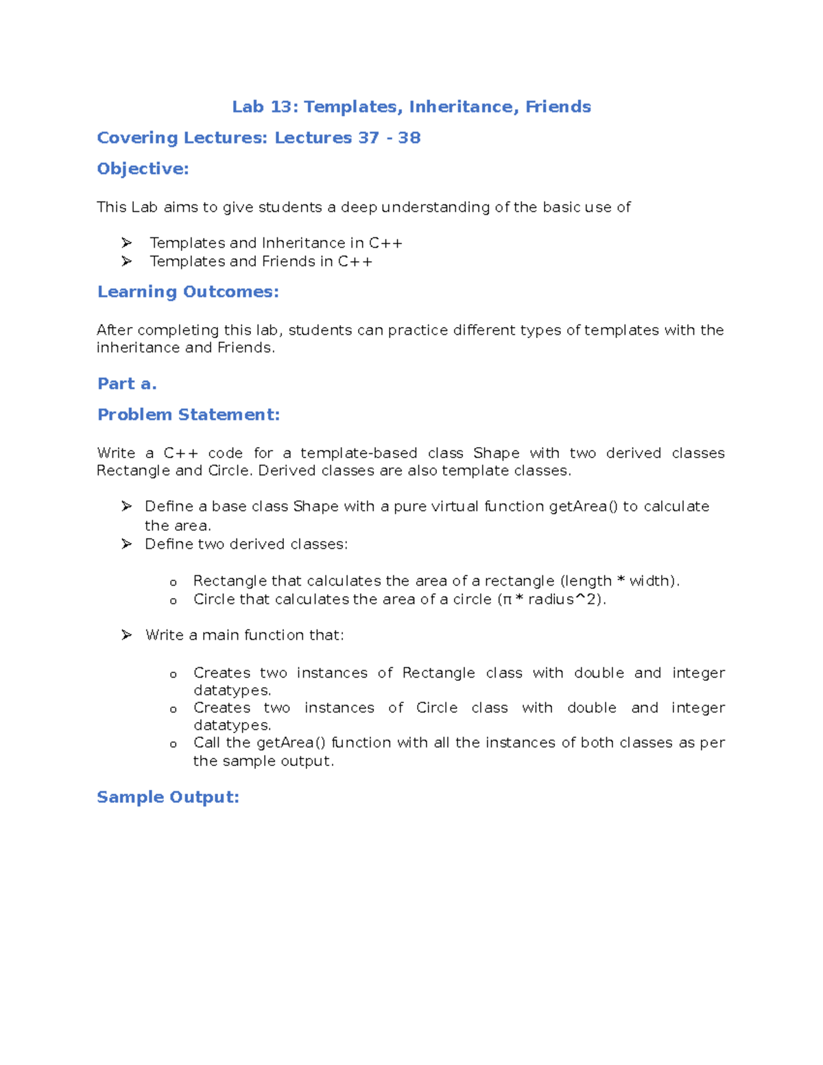 Lab 13: Templates & Inheritance in CS301 - Lecture 37 & 38 - Studocu