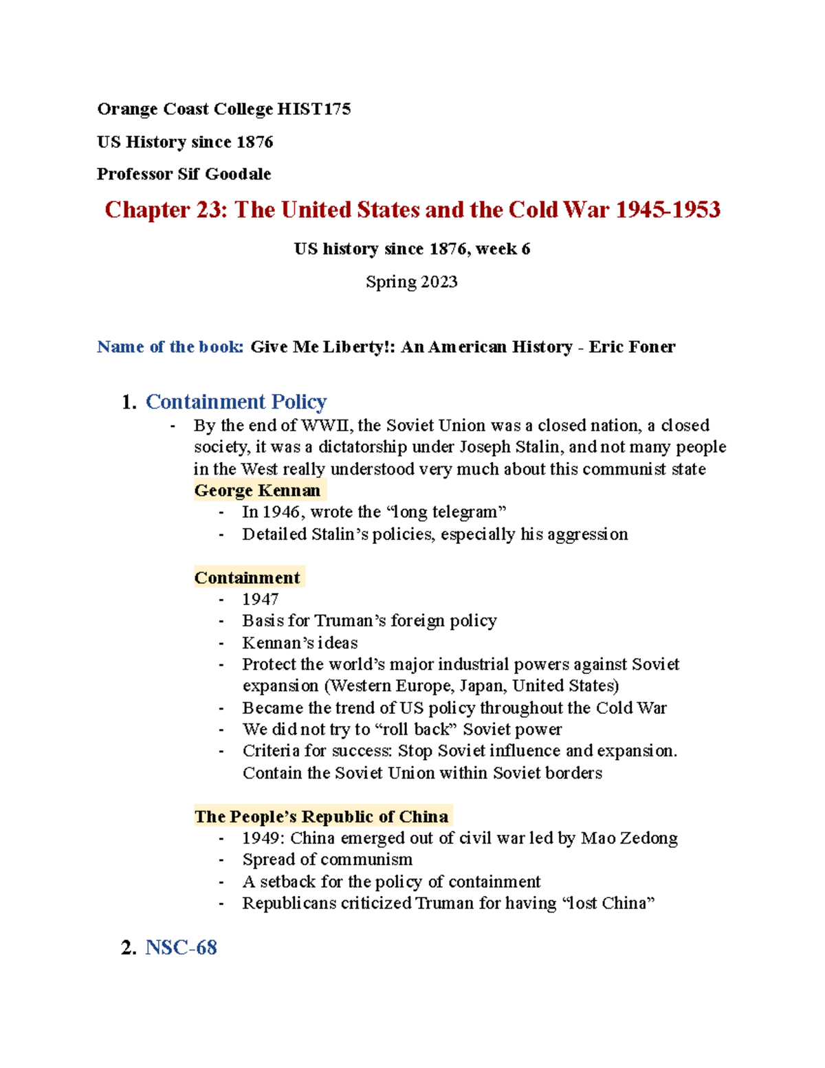 HIST 170 Chapter 23: U.S. Cold War Policies (1945-1953) Notes - Studocu