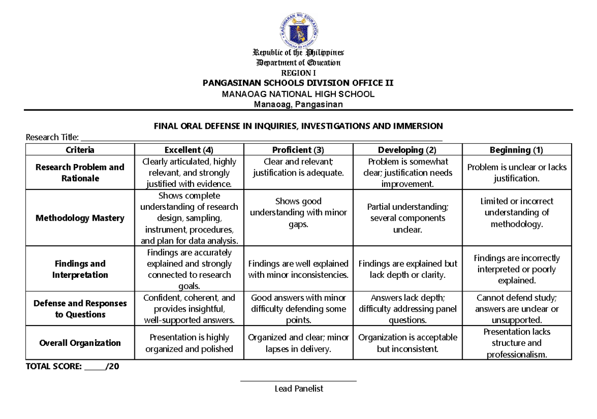 Final Oral Defense Rubric for INQUIRIES, INVESTIGATIONS & IMMERSION ...