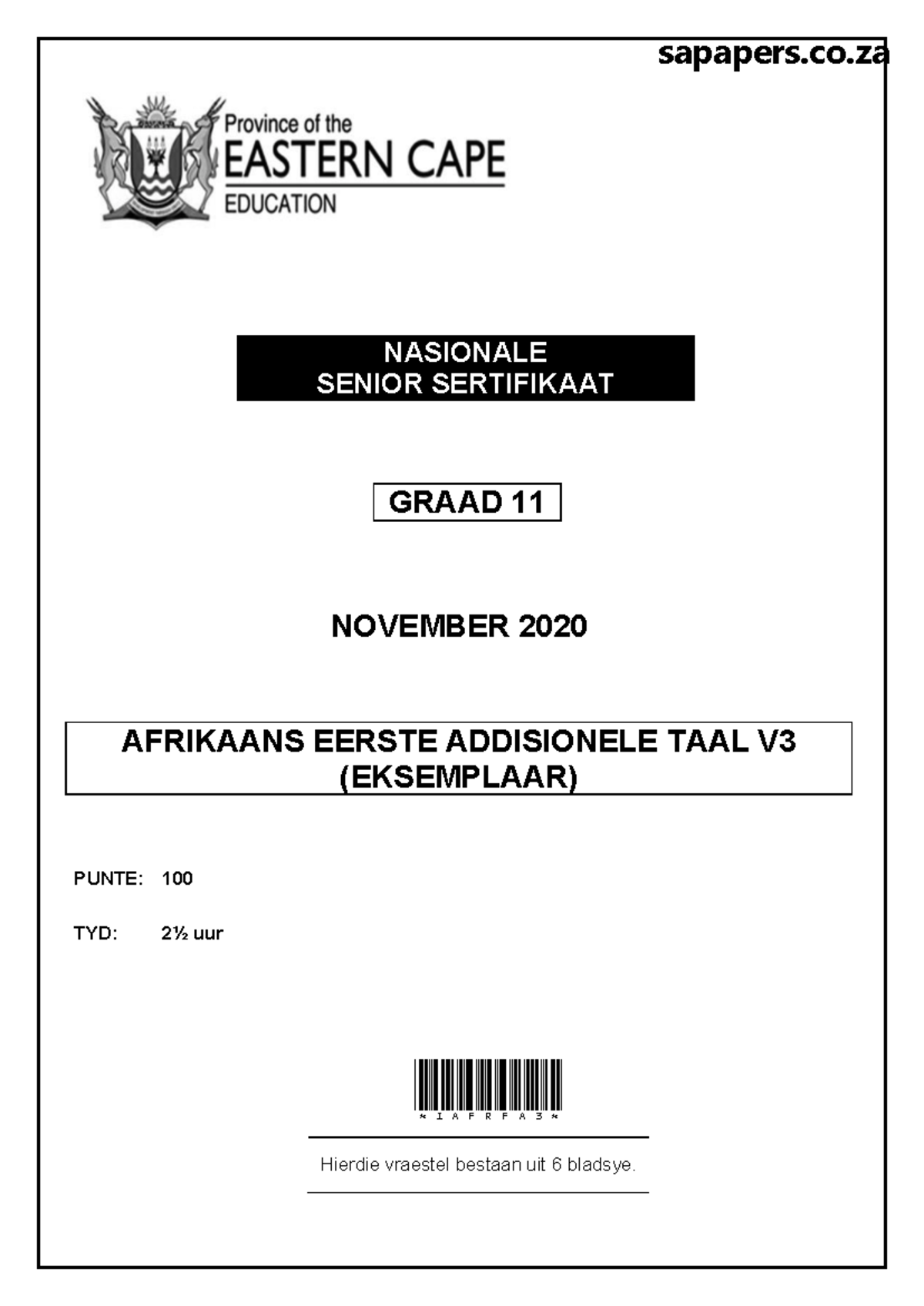 AFR FAL V3 GRAAD 11 NOVEMBER 2020 VRAESTEL EN NASIENRIGLYNE - Studocu