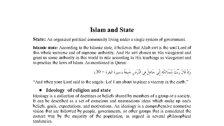 Islam and State: Understanding the Islamic Political Community - Studocu