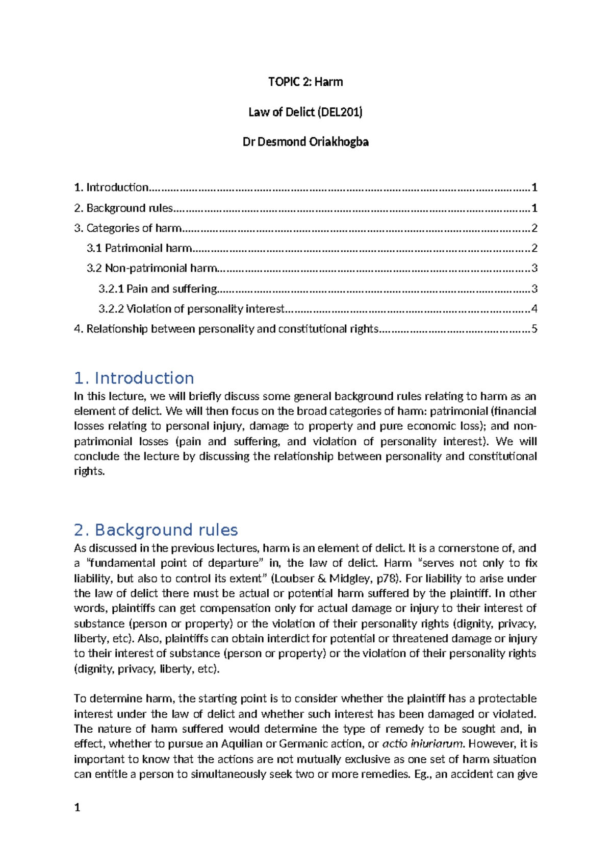 DEL201 - Topic 1: Introduction & Principles of the Law of Delict - Studocu