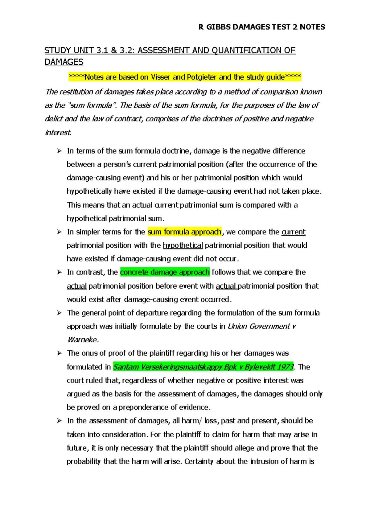 R GIBBS DAMAGES TEST 2 NOTES: ASSESSMENT & QUANTIFICATION OF DAMAGES ...
