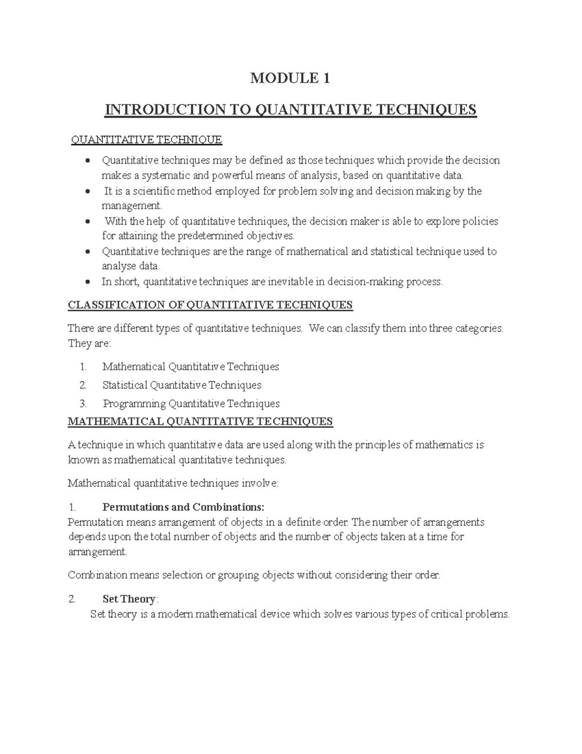 QT Module 1: Intro to Quantitative Techniques & Their Applications - Studocu