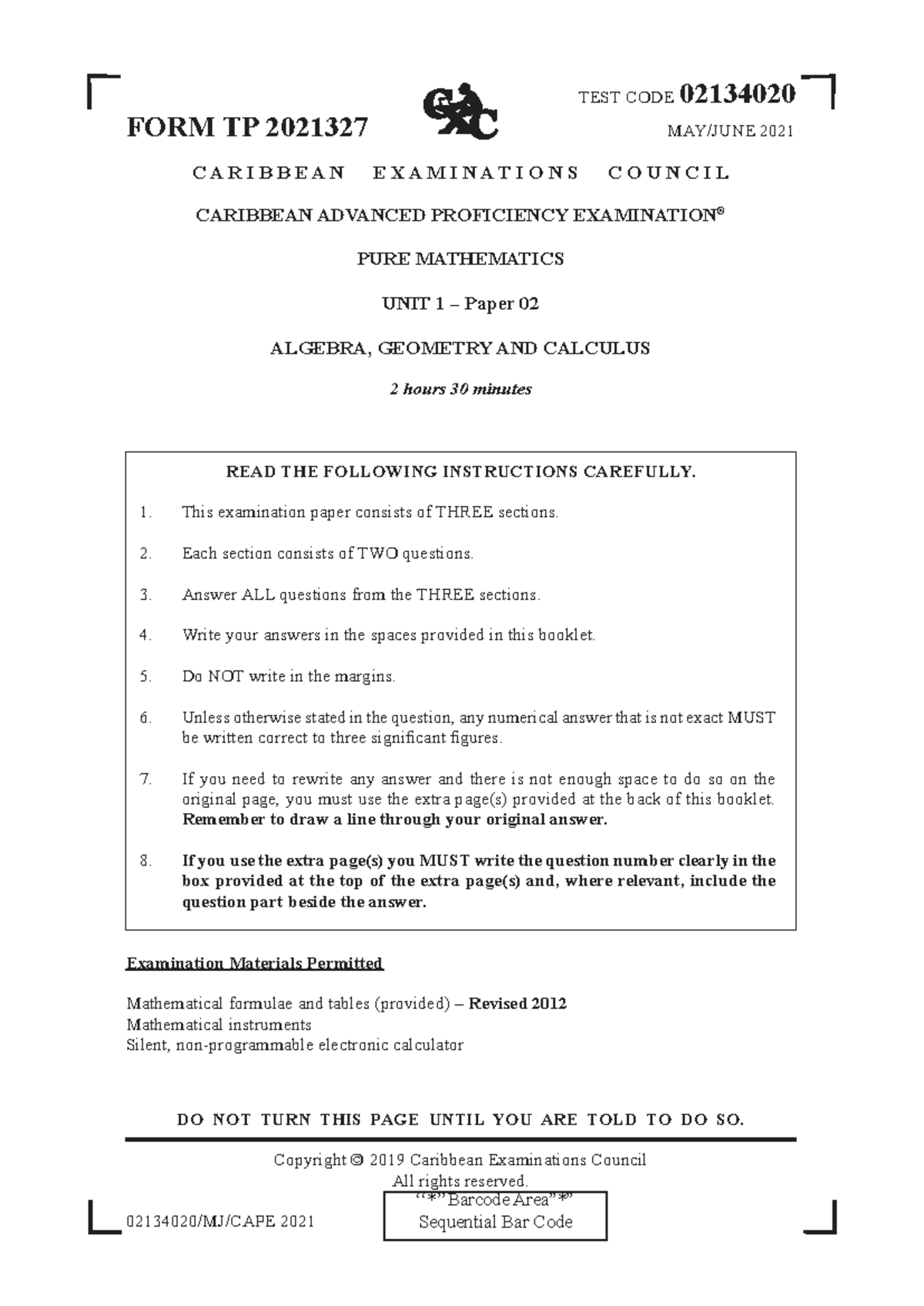 CAPE Pure Mathematics Unit 1 Paper 02 Exam 2021: Algebra, Geometry ...