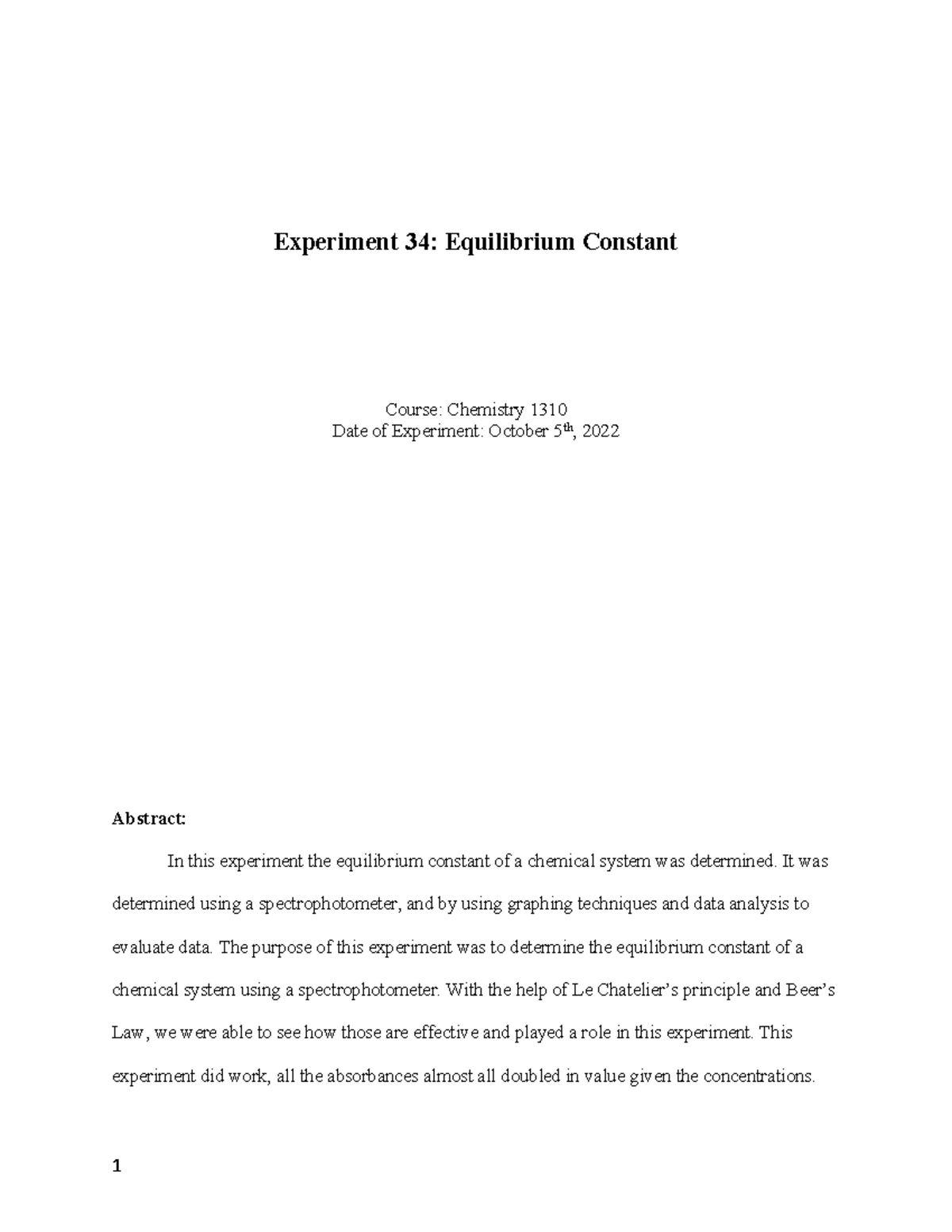 Lab report equilibrium - 1 Experiment 34: Equilibrium Constant Course ...
