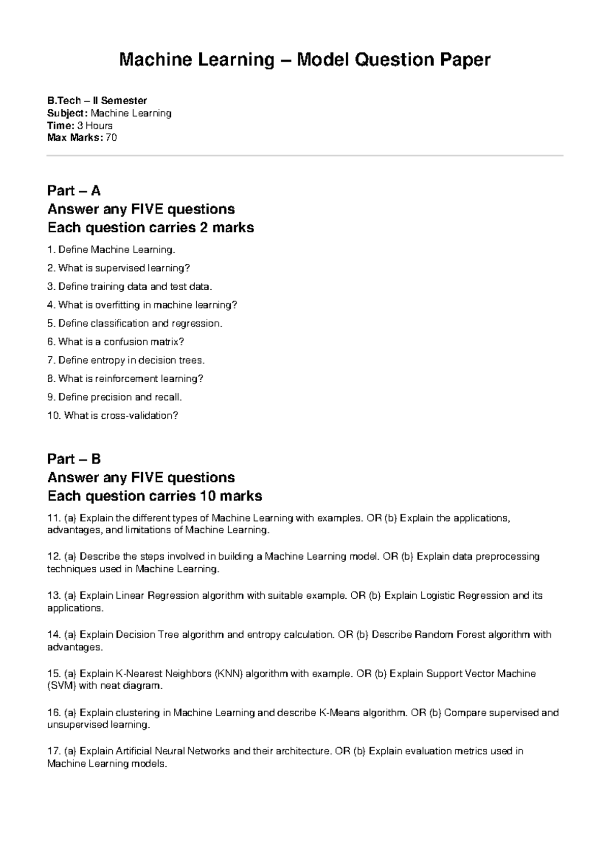 B.Tech II Sem Machine Learning Model Question Paper - 3 Hours - Studocu