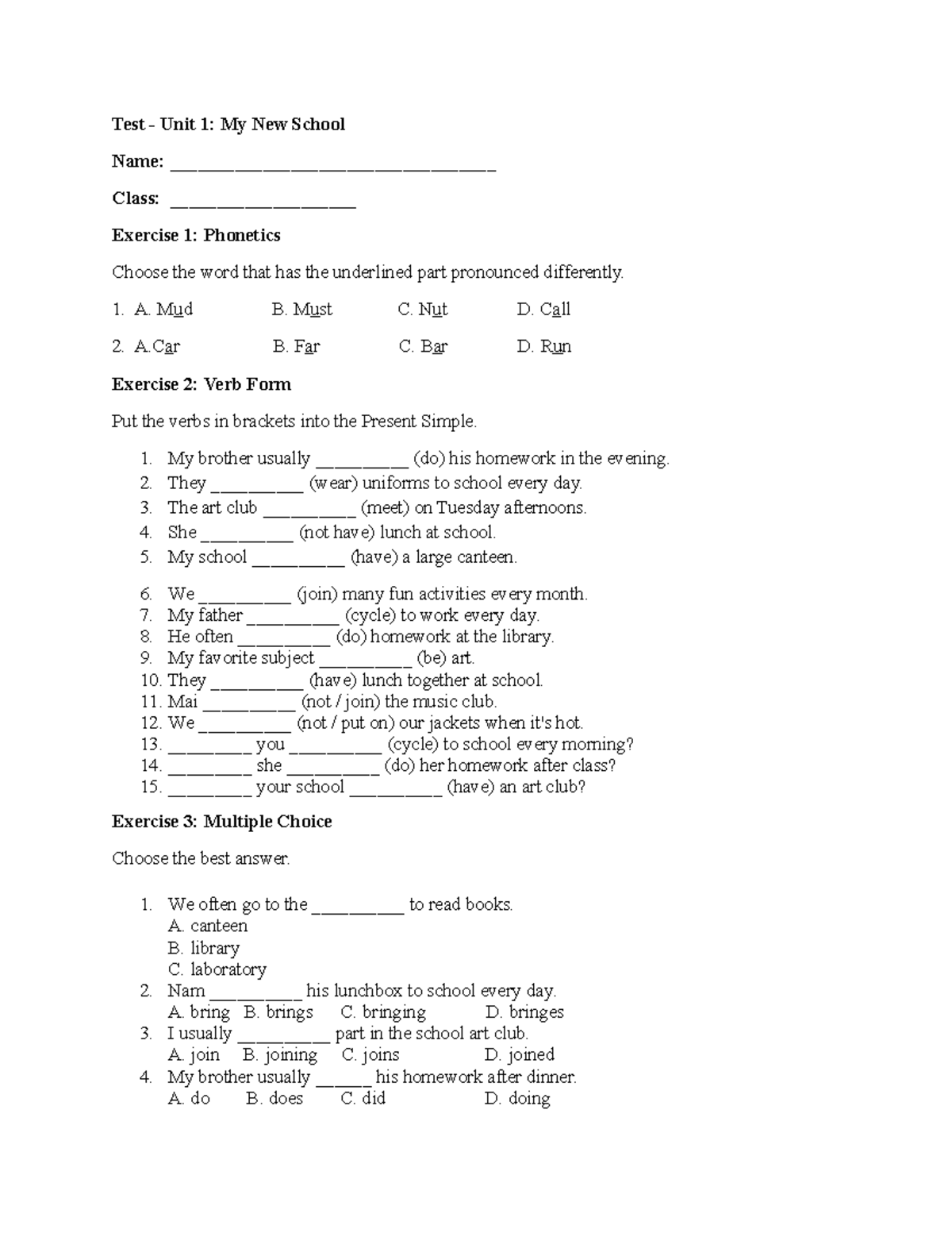 Test Unit 1: Phonetics and Verb Forms Exercises - Studocu