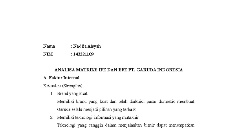 NAD - Analisis Matriks IFE dan EFE PT. Garuda Indonesia - Studocu