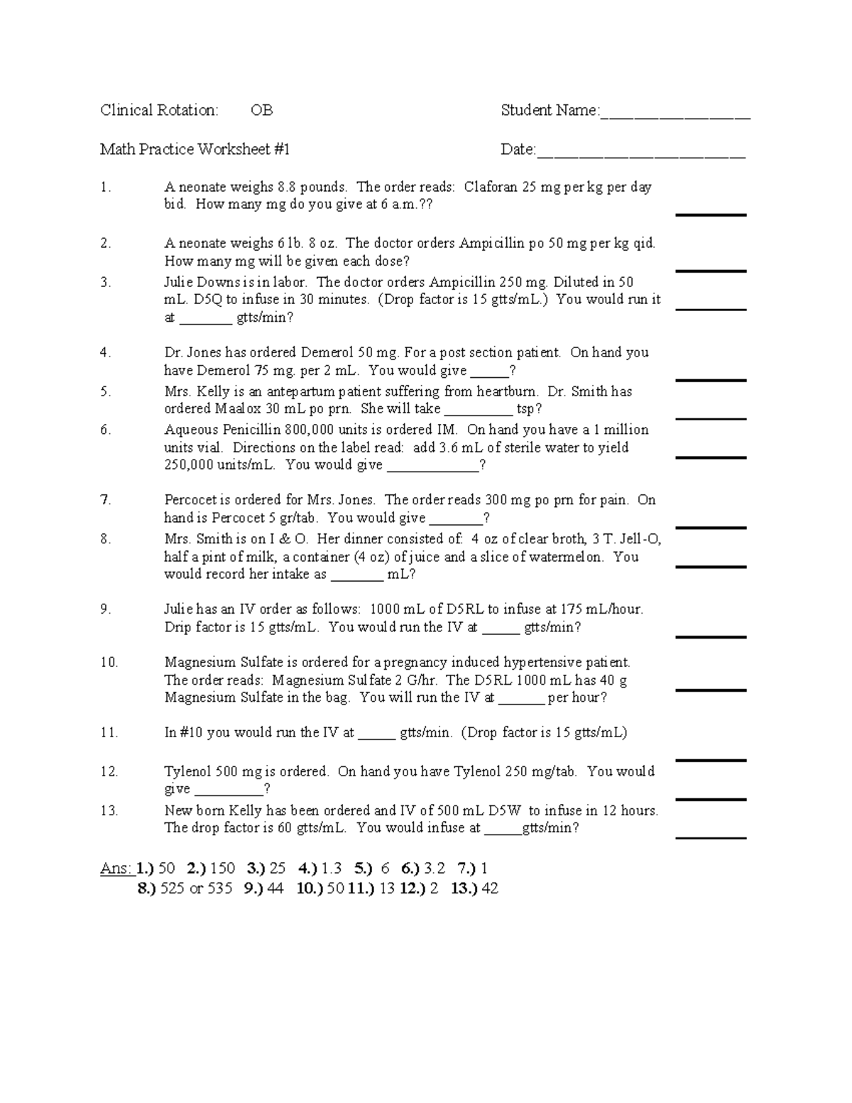 Clinical Rotation: OB Math Practice Worksheet (Psych 101) - Studocu