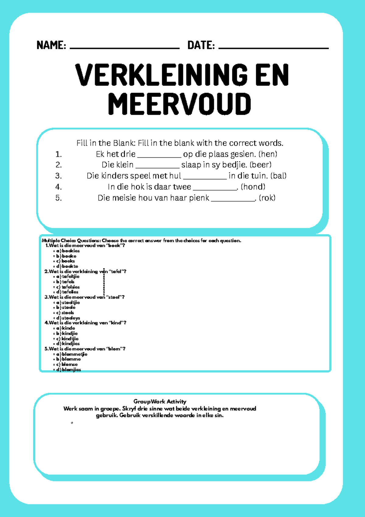 Afrikaans Worksheet: Verkleining en Meervoud Activities - Studocu