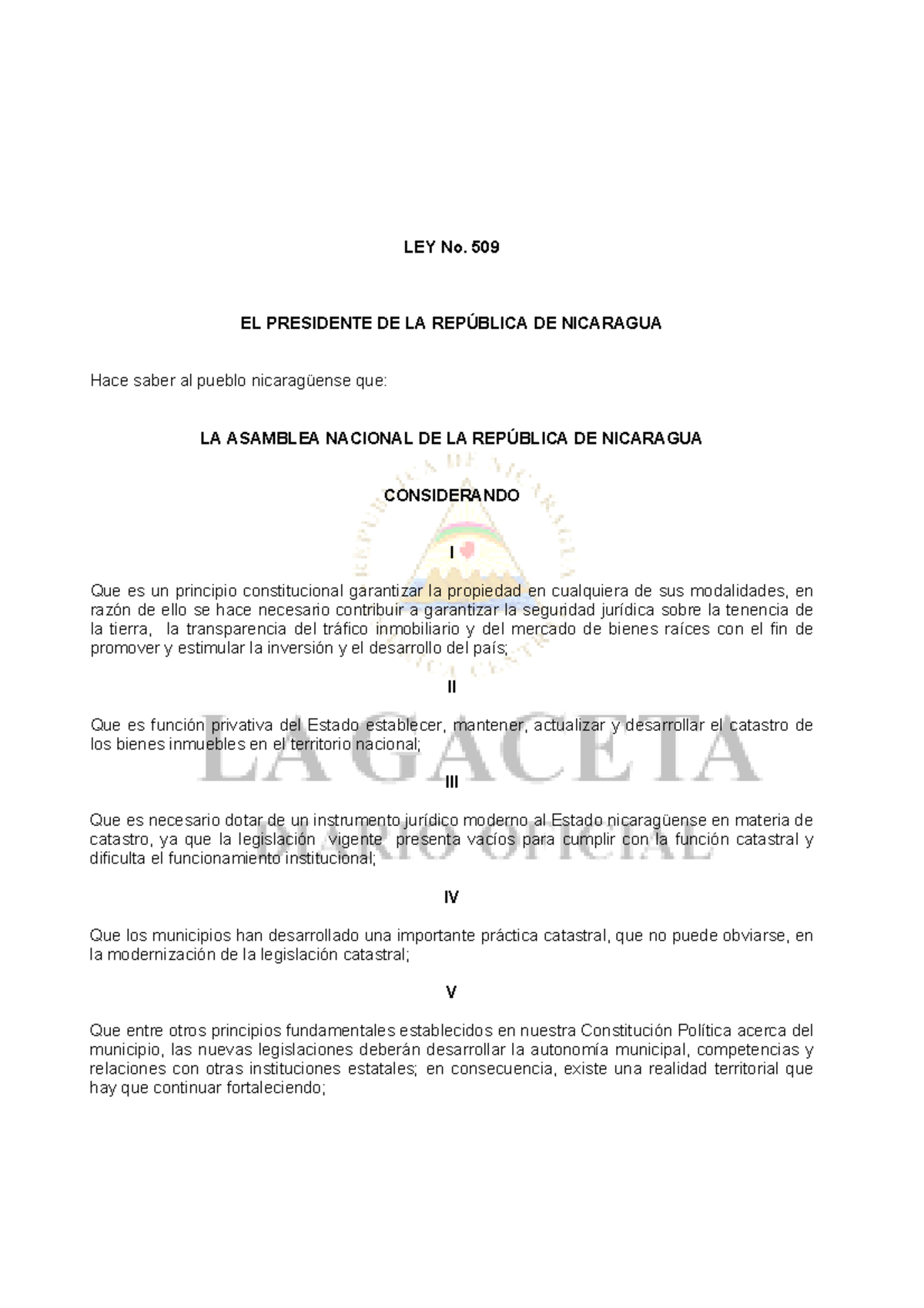 Ley 509: Ley General de Catastro Nacional de Nicaragua - Studocu