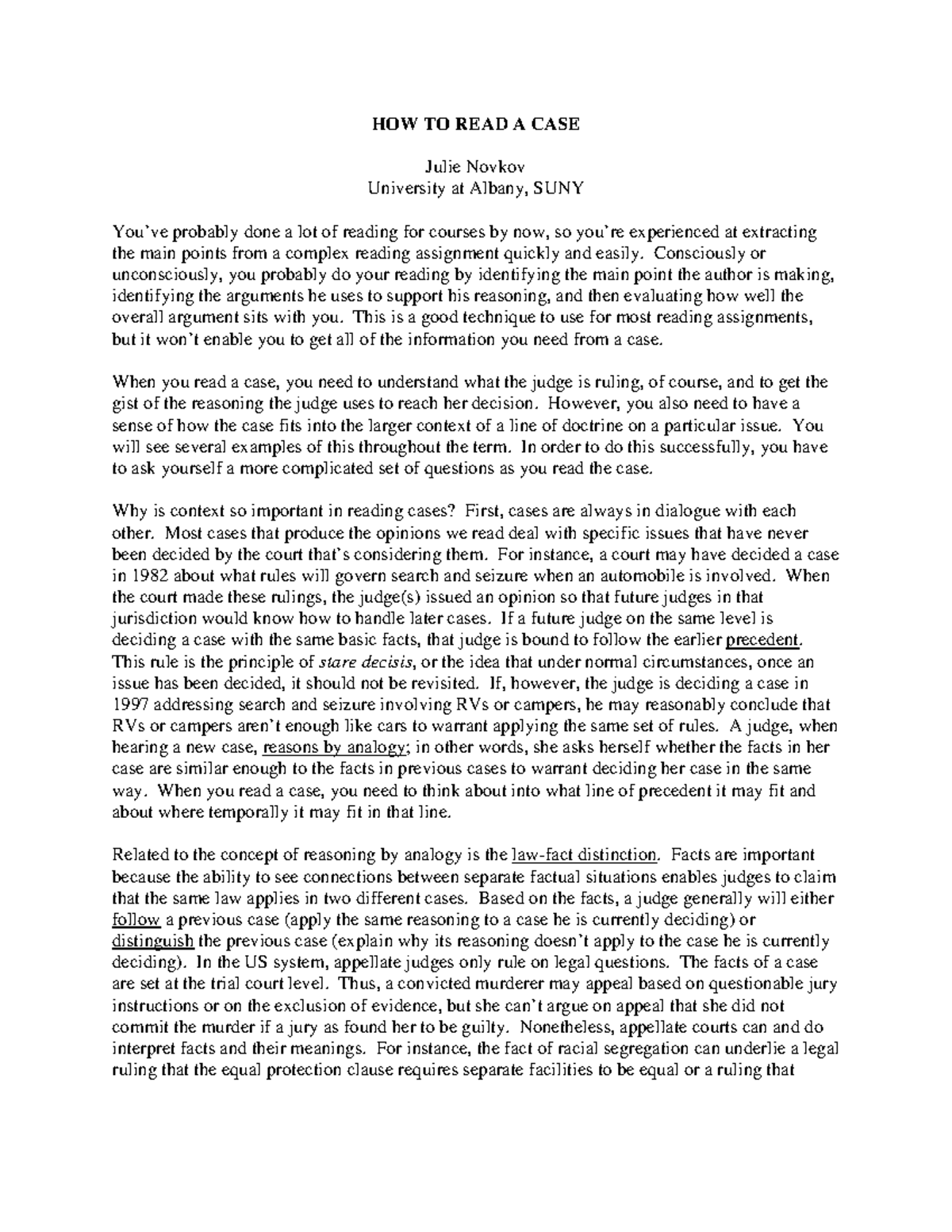 How to read a case - Notes - HOW TO READ A CASE Julie Novkov University ...