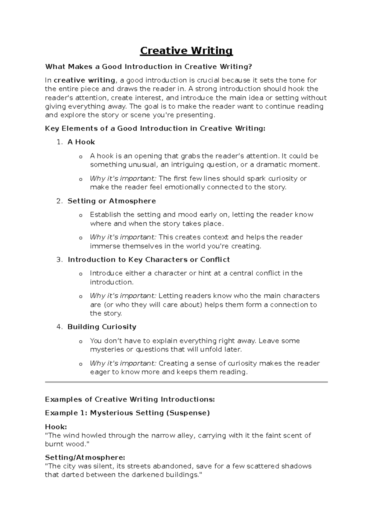 Creative Writing - Key Elements of a Strong Introduction - Studocu