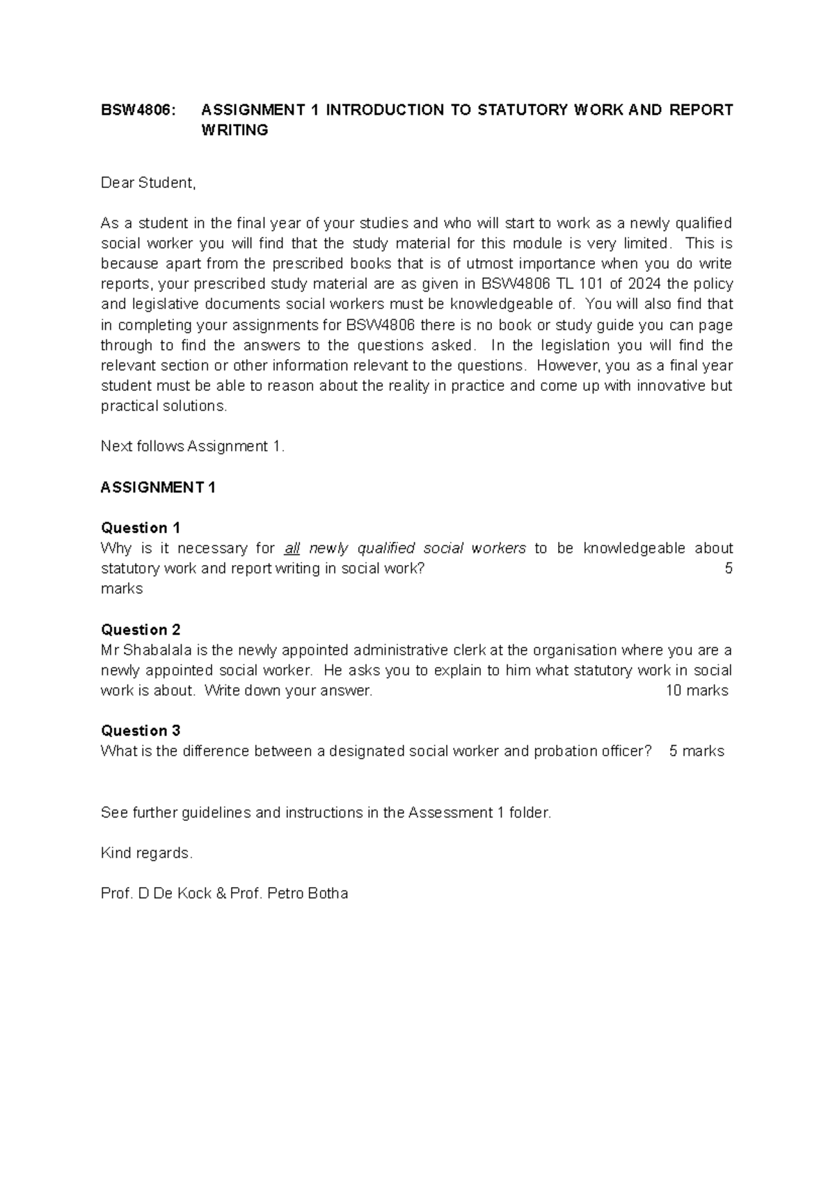 BSW4806 2024 Assignment 1: Statutory Work & Report Writing Guide - Studocu