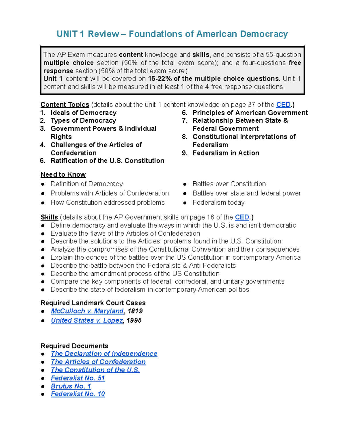 AP Gov UNIT 1 Review: Foundations of American Democracy - Studocu