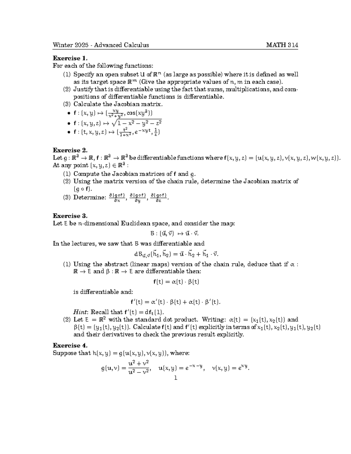 Lecture 7 - Winter 2025 - Advanced Calculus MATH 314 Exercise 1. For each of the following - Studocu