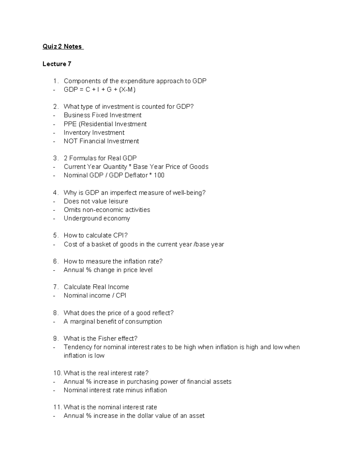 Quiz 2 Notes: Lecture 7 & 8 on GDP and Inflation Concepts - Studocu