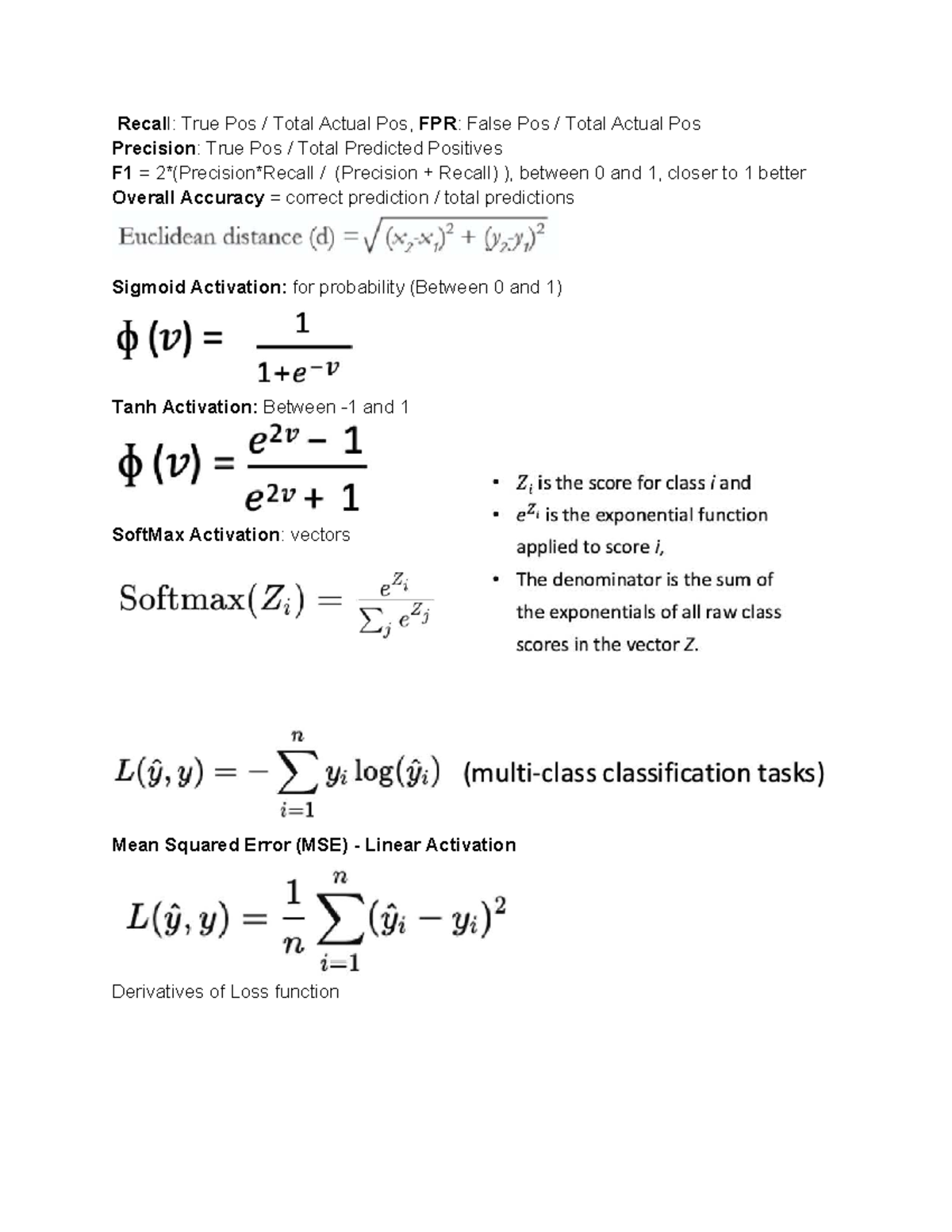 Cp468cheatsheet - Cheatsheet - CP468 - Recall: True Pos / Total Actual ...
