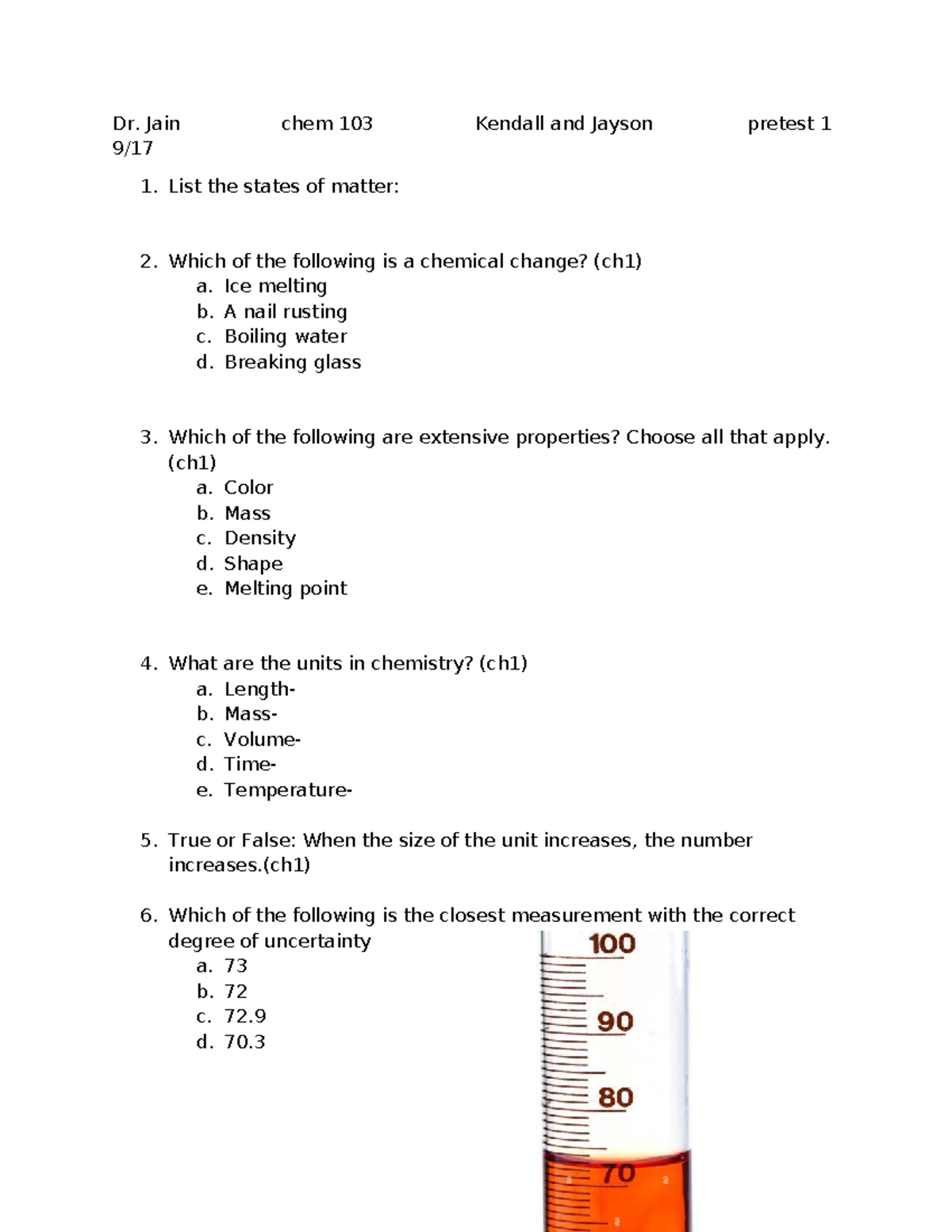 Chem 103: Pretest 1 on States of Matter & Chemical Changes - Studocu