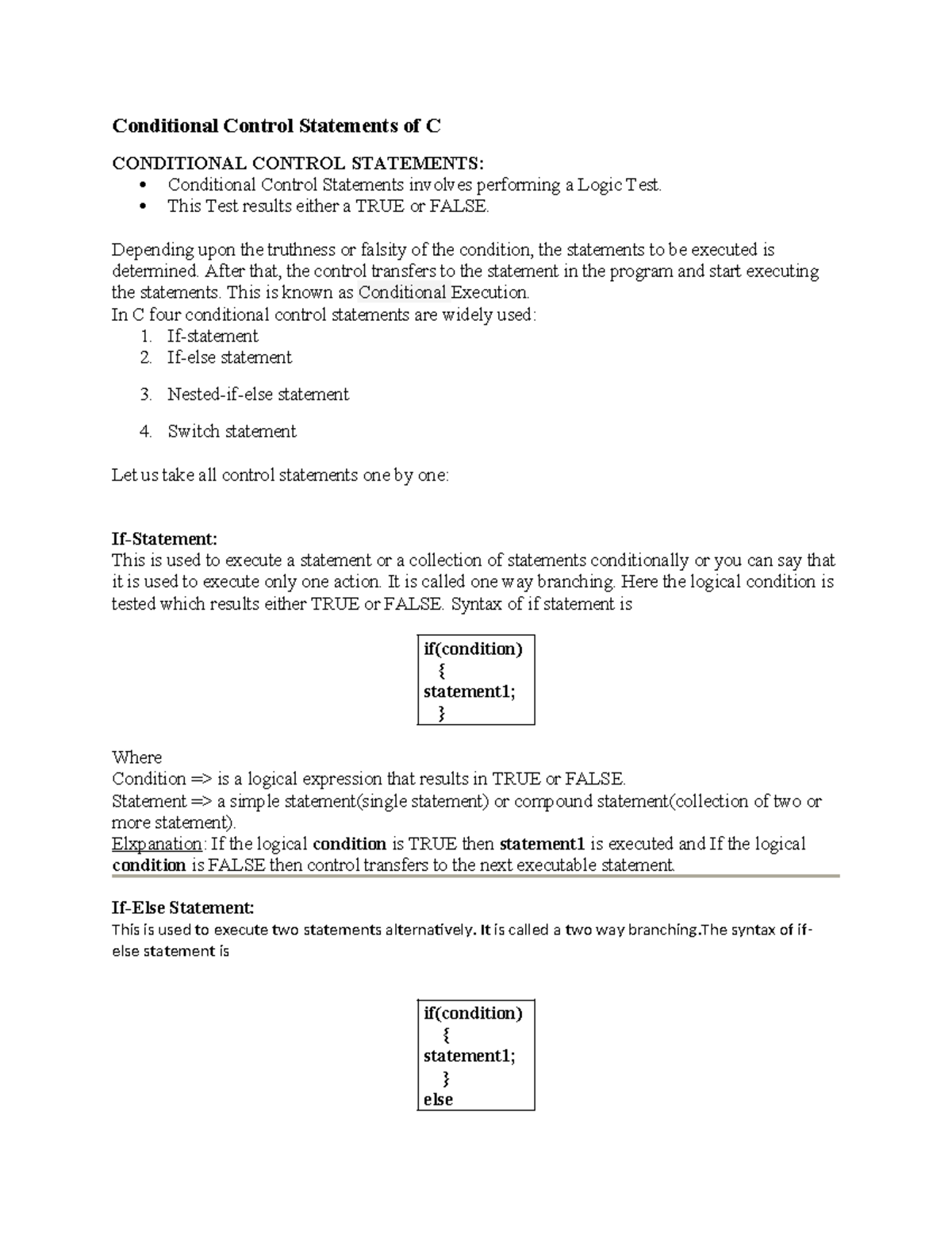 1. Conditional Control Statements of C - Conditional Control Statements of C CONDITIONAL CONTROL ...