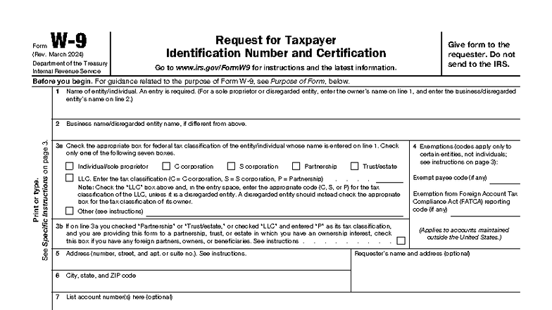 Form W-9 (Rev. March 2024) - Request for Taxpayer ID & Certification ...