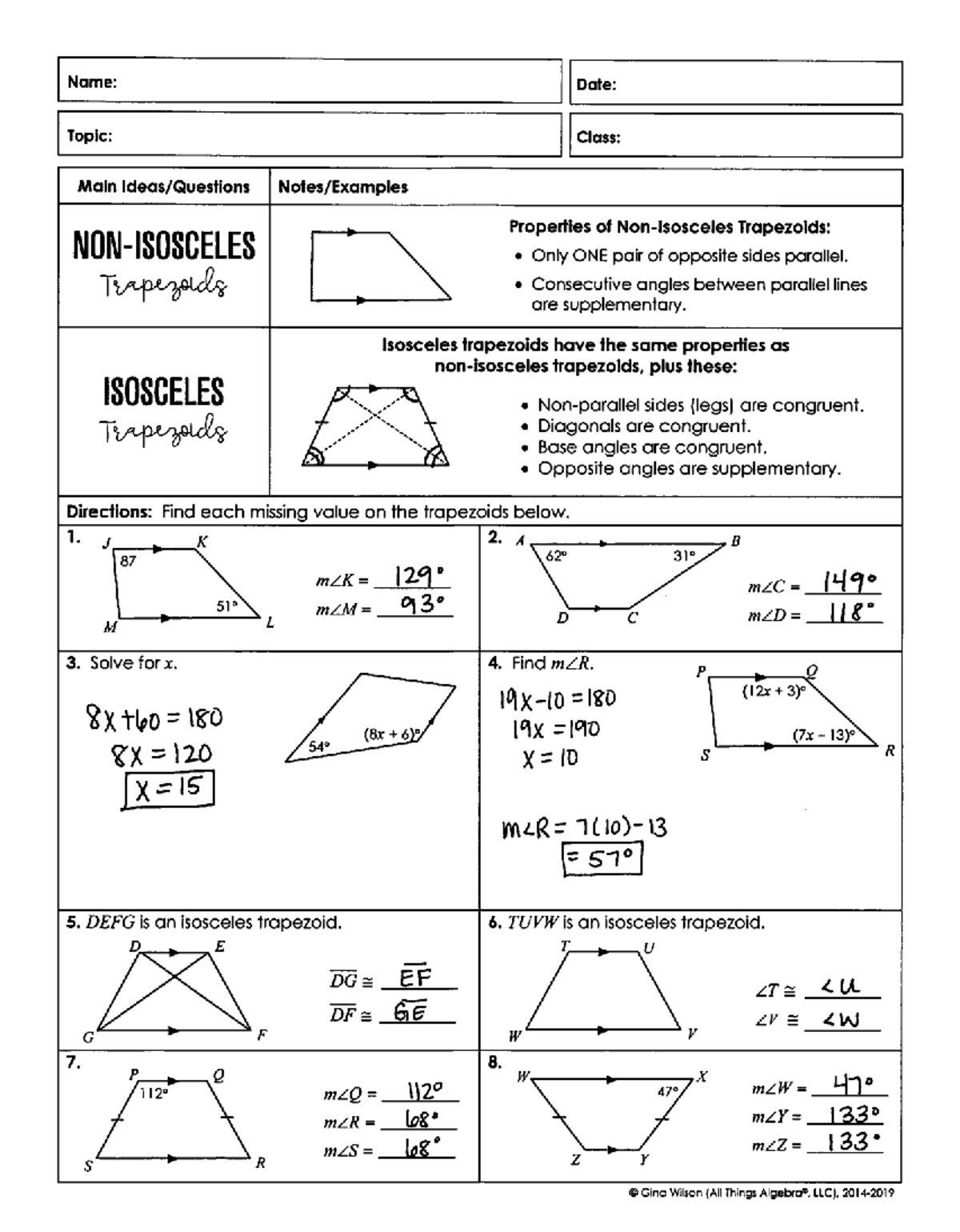 7.2 Properties of Kites and Trapezoids KEY (Math 101) - Studocu