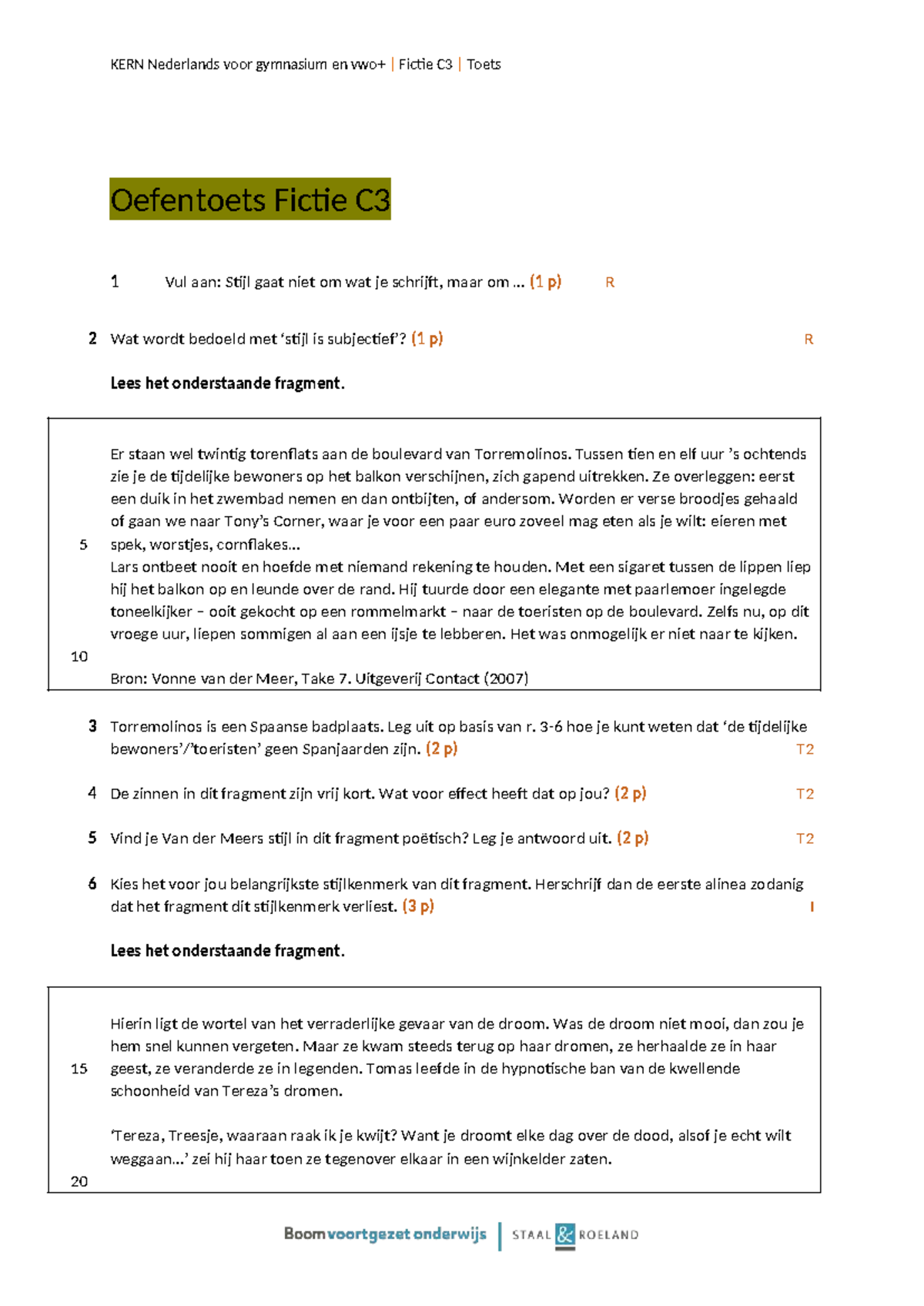 Oefentoets Fictie C3: Stijl en Analyse van Fragmenten - Studeersnel