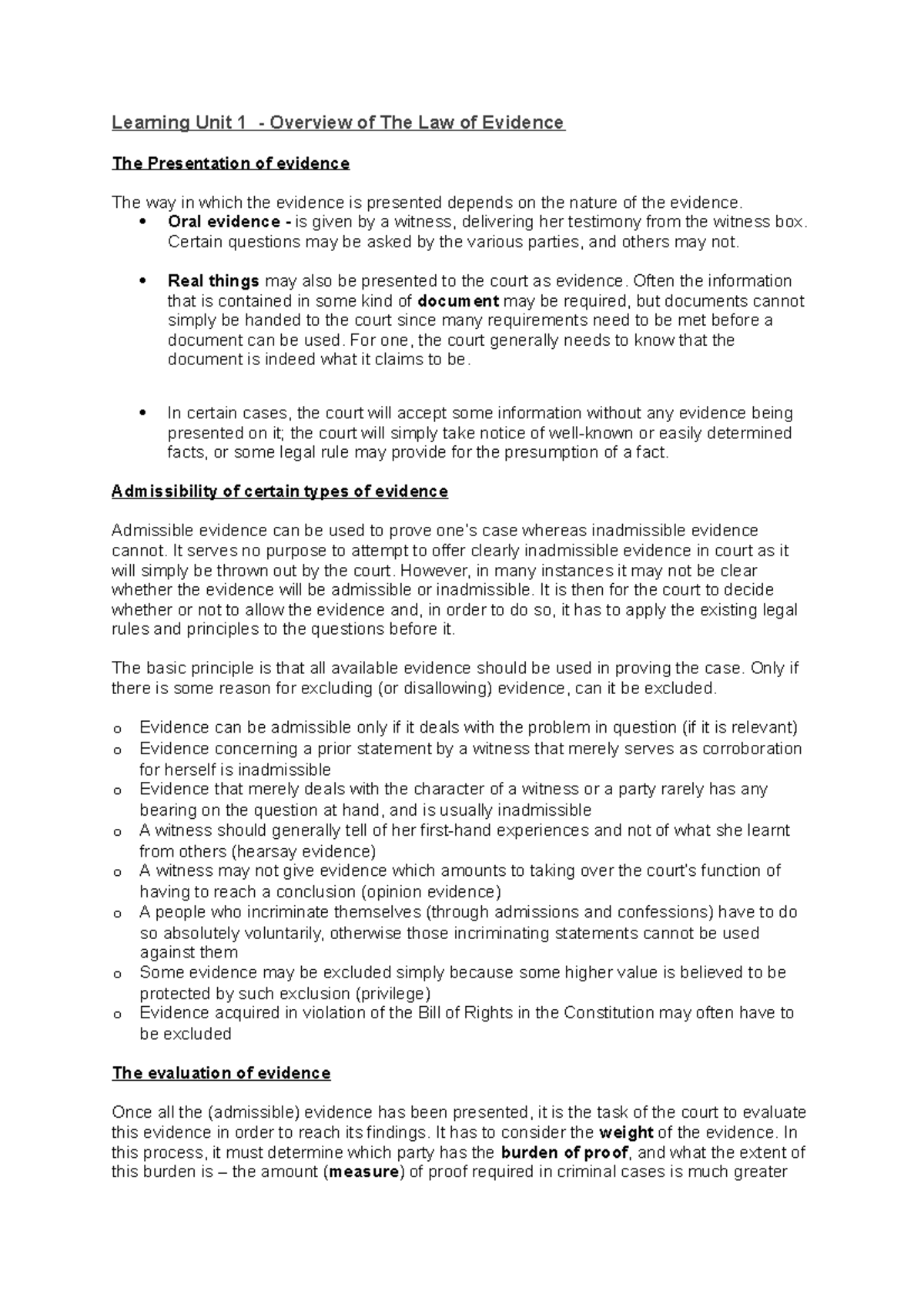 LAW 101 - Overview and Key Concepts in the Law of Evidence Notes - Studocu