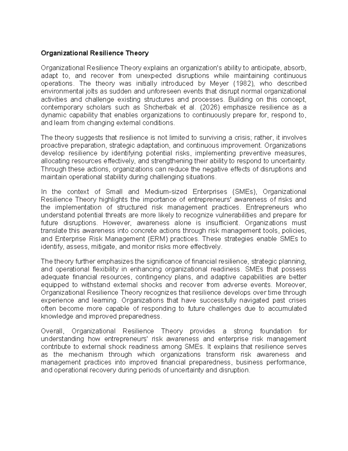 Organizational Resilience Theory: Understanding SME Preparedness - Studocu
