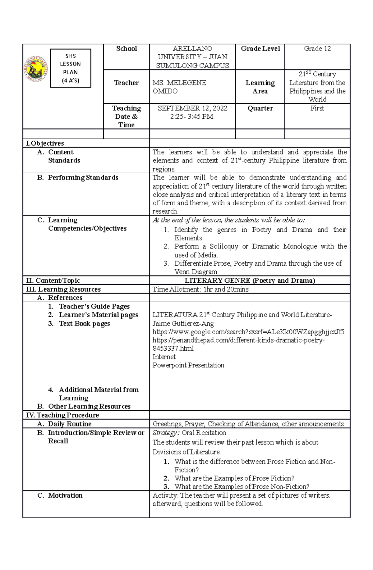 Grade 12 Poetry and Drama Lesson Plan - 21st Century Literature - Studocu