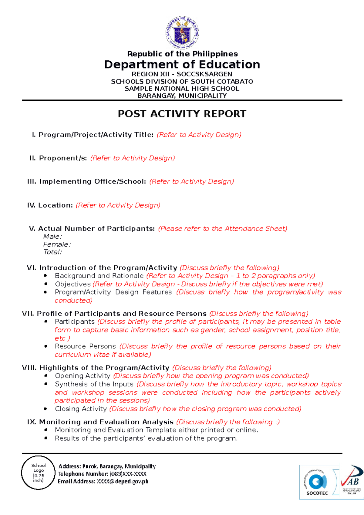 Post Activity Report Template for Educational Programs/Activities - Studocu