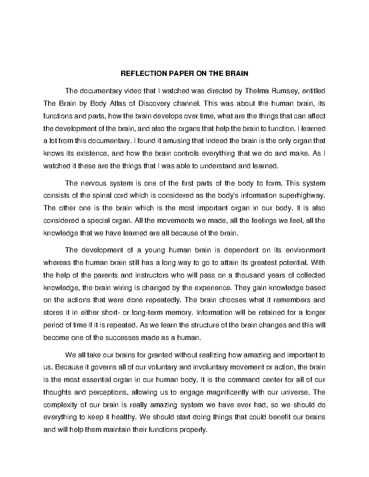 Reflection Paper on The Brain - Domingo, Ashlee Nicole I. Introduction ...