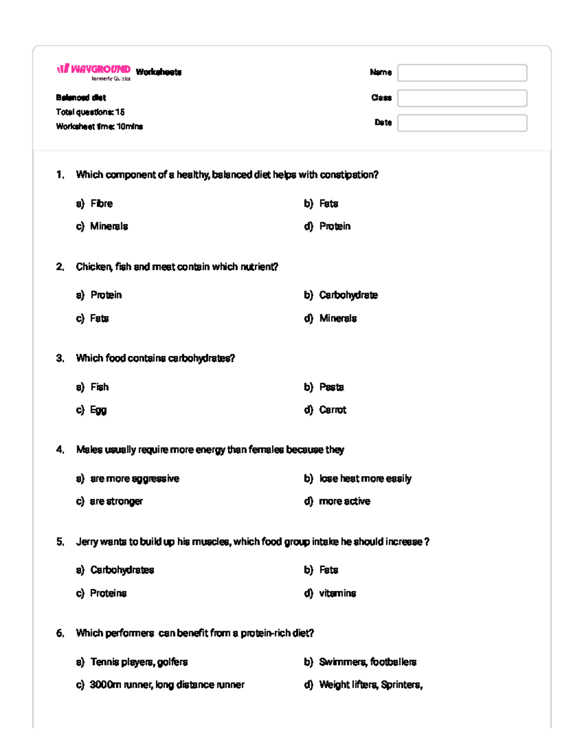 Balanced Diet Worksheet - Total Questions: 15 - Studocu