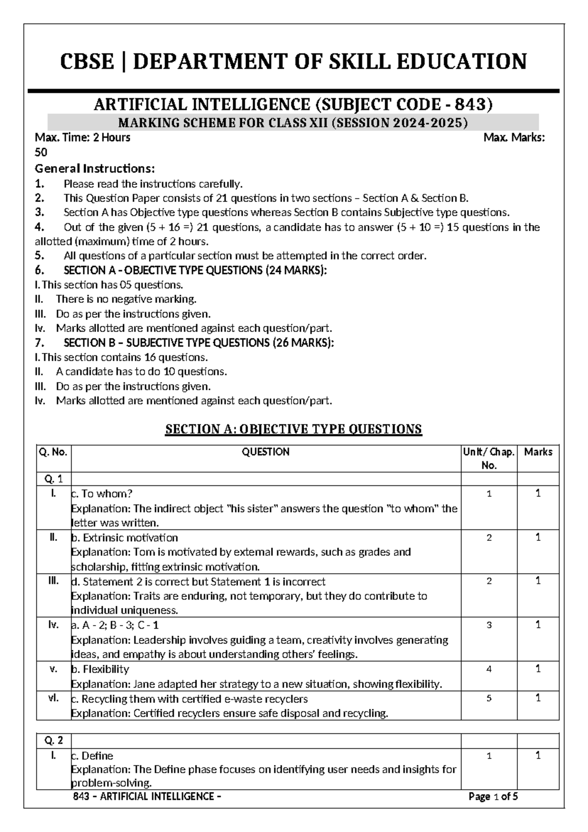 CBSE 843 AI XII Marking Scheme - Class XII (Session 2023) - Studocu