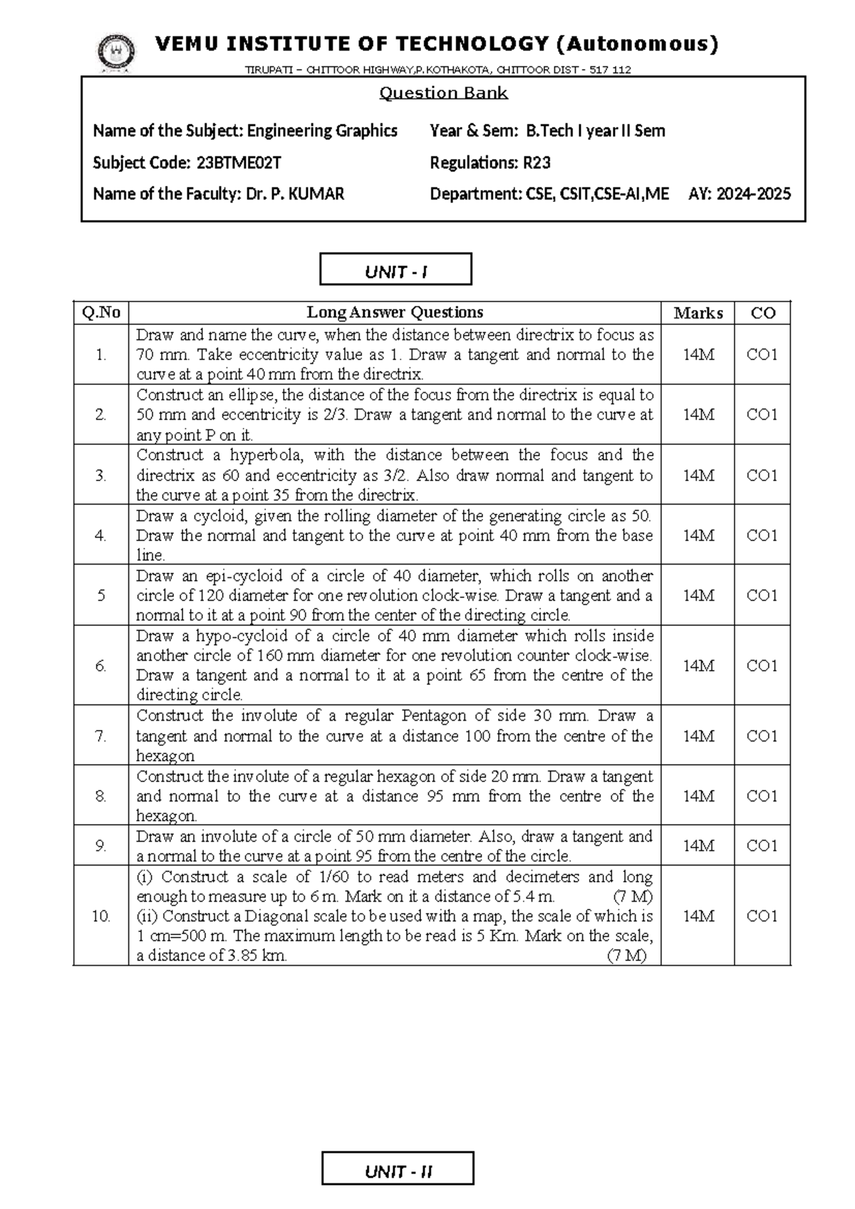 Engineering Graphics Question Bank 23BTME02T - B.Tech I Year II Sem ...
