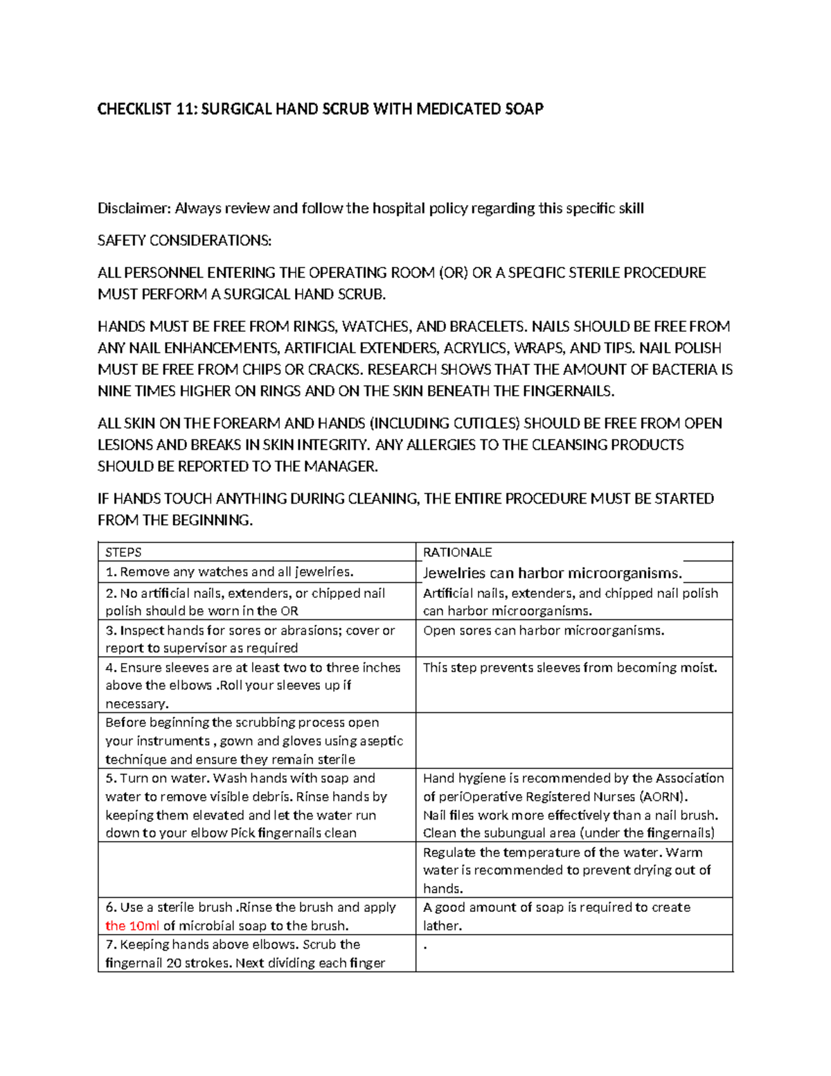 Surgical Hand Scrub, Gowning & Gloving Checklist (HOSP 101) - Studocu