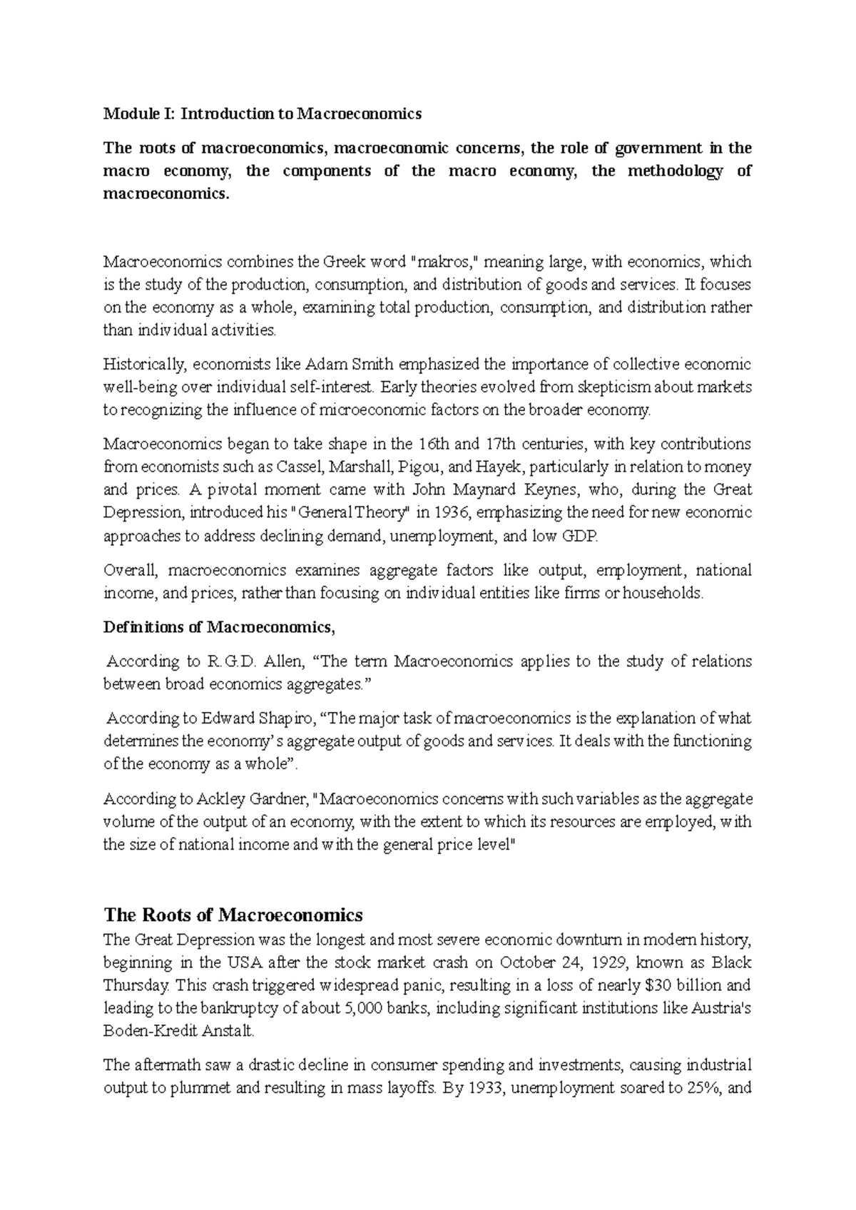 Module I: Intro to Macroeconomics - Key Concepts and Historical Context ...